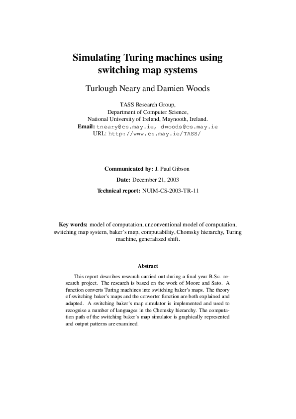 (PDF) Simulating Turing machines using switching map systems | Damien Woods - Academia.edu
