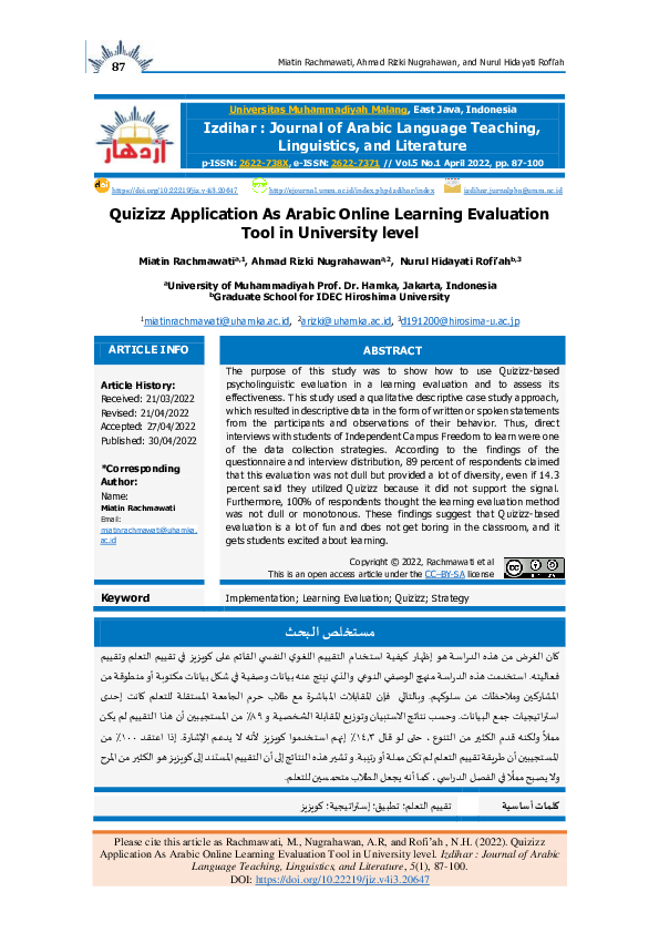 (PDF) Quizizz Application As Arabic Online Learning Evaluation Tool in University level