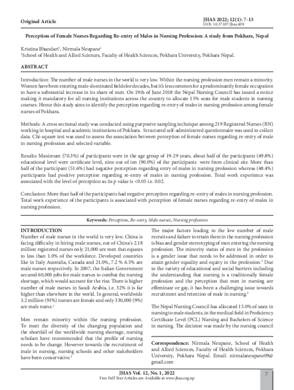 (PDF) Perception of Female Nurses Regarding Re-entry of Males in ...