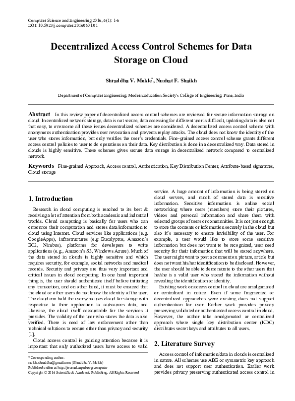 (PDF) Decentralized Access Control Schemes for Data Storage on Cloud