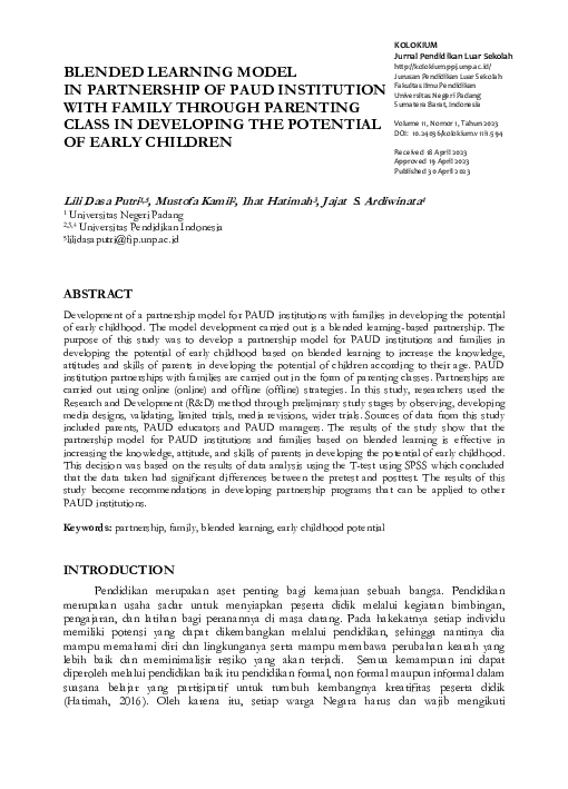 (PDF) Blended Learning Model in Partnership of PAUD Institution With Family Through Parenting ...