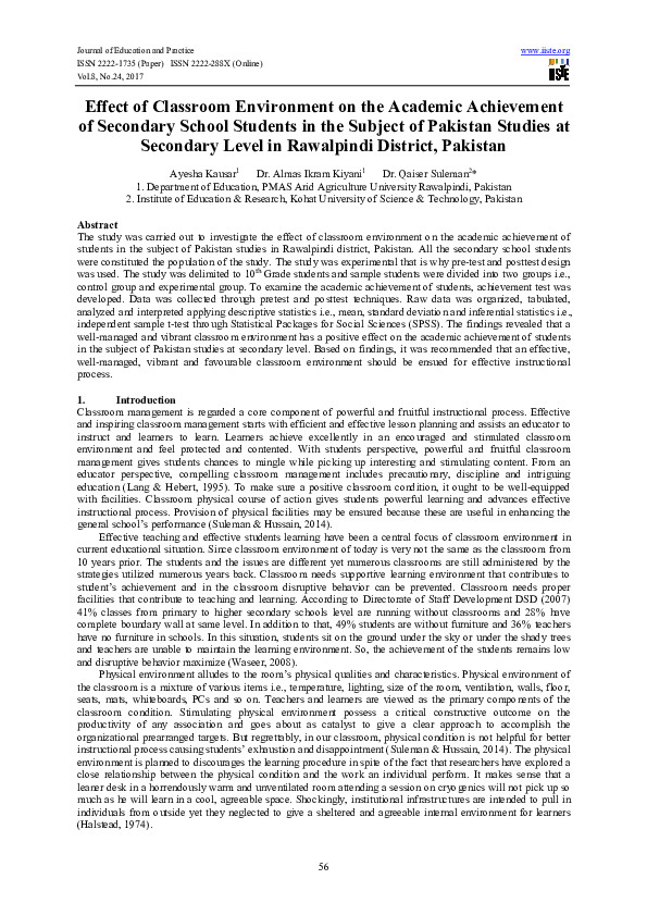 (PDF) Effect of Classroom Environment on the Academic Achievement of ...