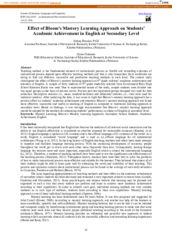 (PDF) Effect of Bloom’s Mastery Learning Approach on Students’ Academic ...