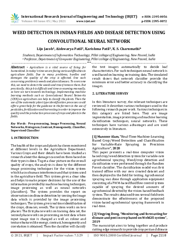 Pdf Weed Detection In Indian Fields And Disease Detection Using Convolutional Neural Network