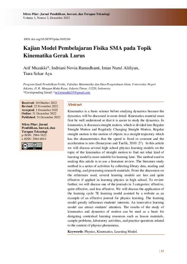 (PDF) Kajian Model Pembelajaran Fisika SMA pada Topik Kinematika Gerak ...