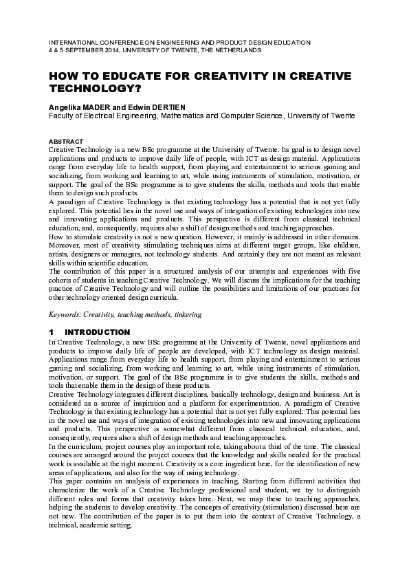 (PDF) How to Educate for Creativity in Creative Technology?