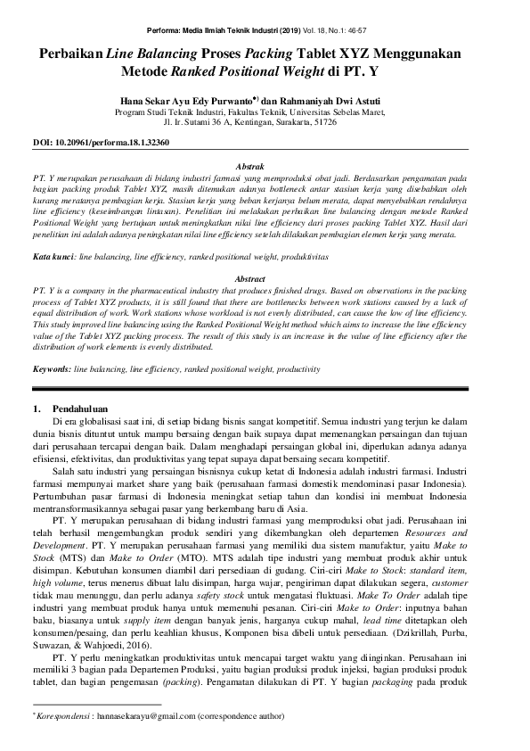 (PDF) Perbaikan Line Balancing Proses Packing Tablet Xyz Menggunakan ...