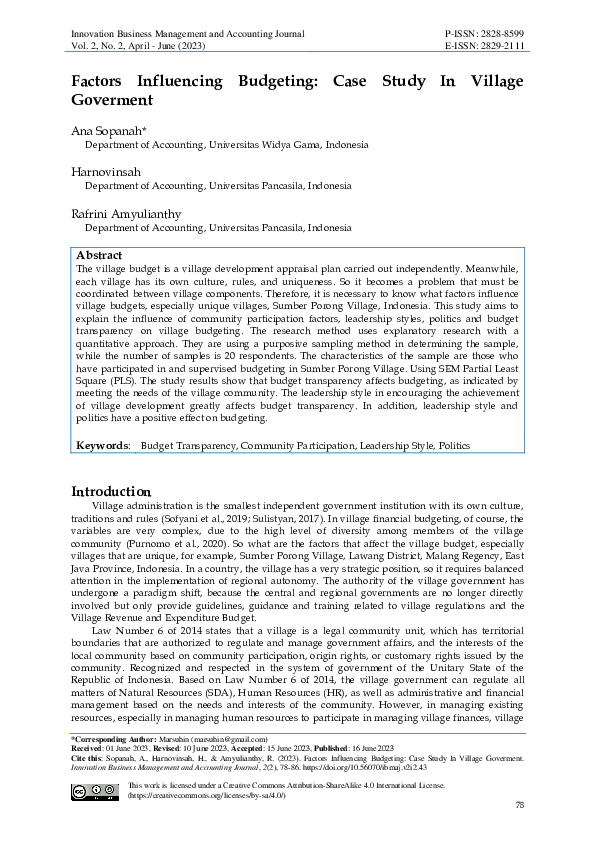 (PDF) Factors Influencing Budgeting: Case Study In Village Goverment