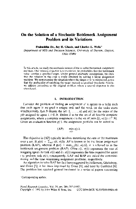 (PDF) On the solution of a stochastic bottleneck assignment problem and its variations | jay ...