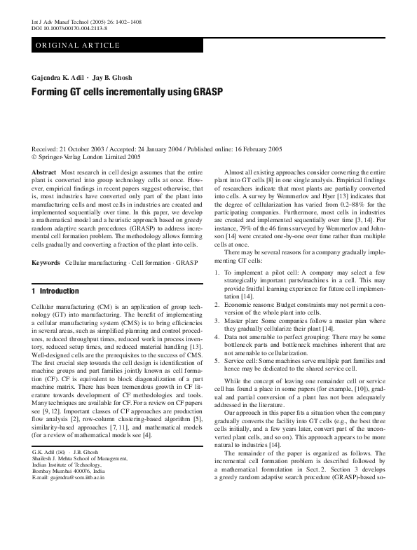 (PDF) Forming GT cells incrementally using GRASP