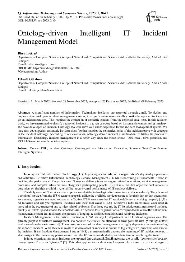 (PDF) Ontology-driven Intelligent IT Incident Management Model | Fekade Getahun - Academia.edu