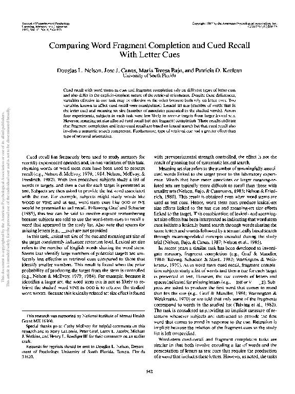 (PDF) Comparing word fragment completion and cued recall with letter cues