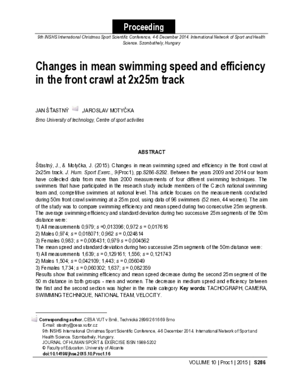 (PDF) Changes in mean swimming speed and efficiency in the front crawl at 2x25m track