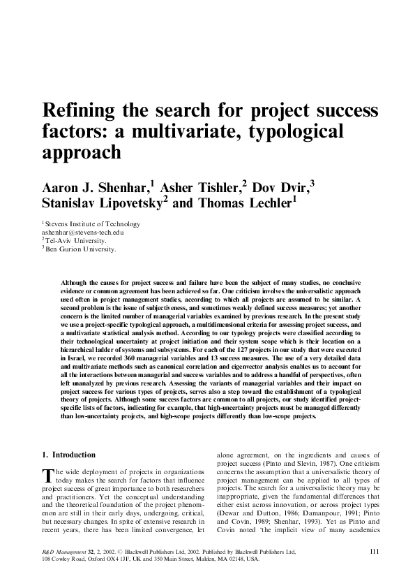 (PDF) Refining the search for project success factors: a multivariate, typological approach