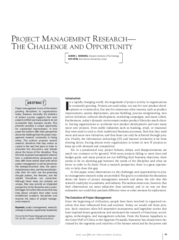 (PDF) Project Management Research—The Challenge and Opportunity