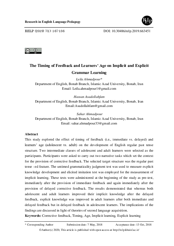 (PDF) The Timing of Feedback and Learners’ Age on Implicit and Explicit Grammar Learning