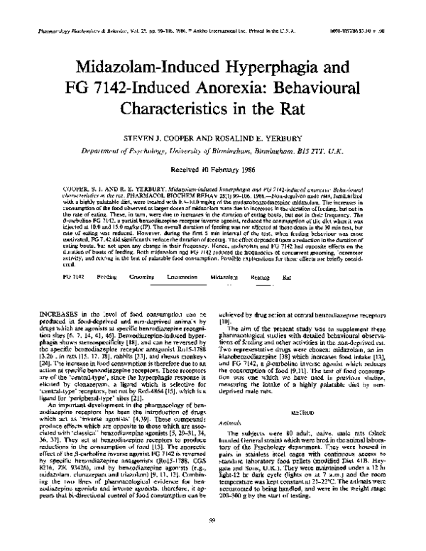(PDF) Midazolam-induced hyperphagia and FG 7142-induced anorexia ...