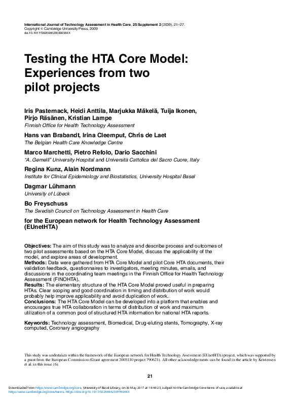 (PDF) Testing the HTA Core Model: Experiences from two pilot projects ...