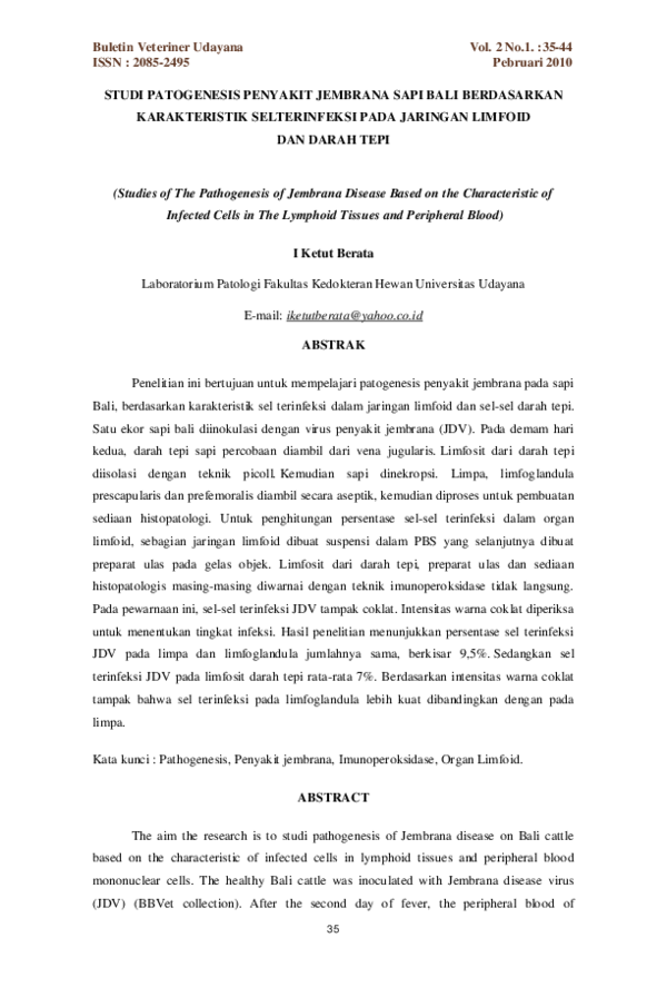 (PDF) Studi Patogenesis Penyakit Jembrana Sapi Bali Berdasarkan ...