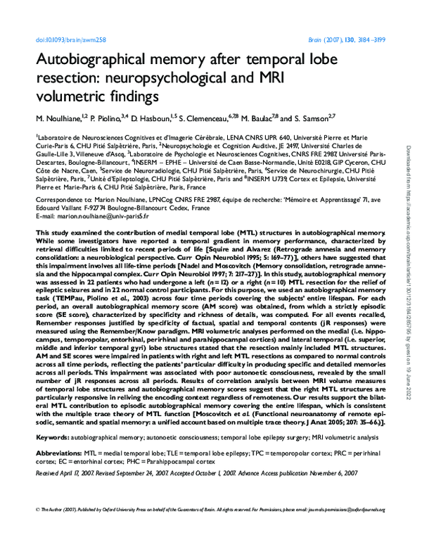 (PDF) Autobiographical memory after temporal lobe resection: neuropsychological and MRI ...
