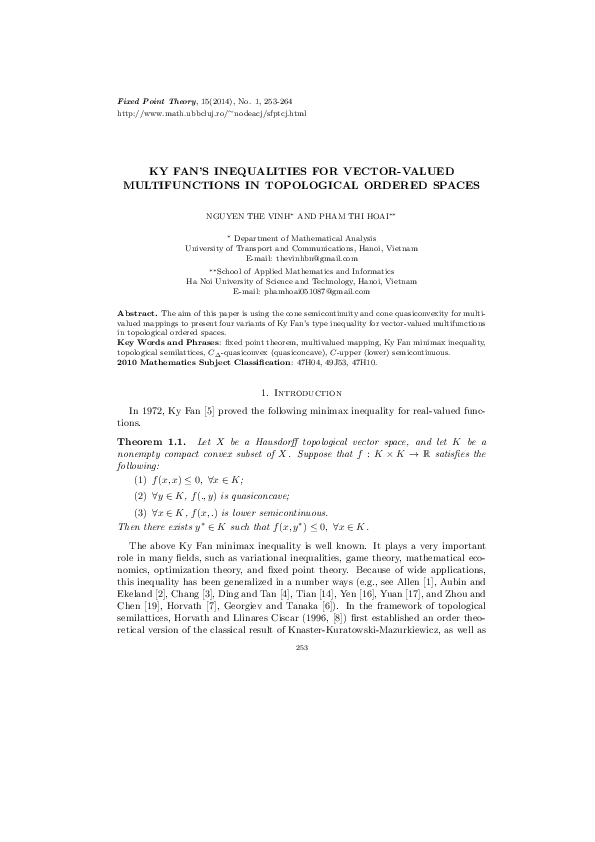 (PDF) Ky Fan's inequalities for vector-valued multifunctions in topological ordered spaces