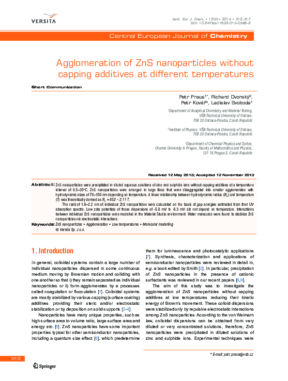 (PDF) Agglomeration of ZnS nanoparticles without capping additives at different temperatures
