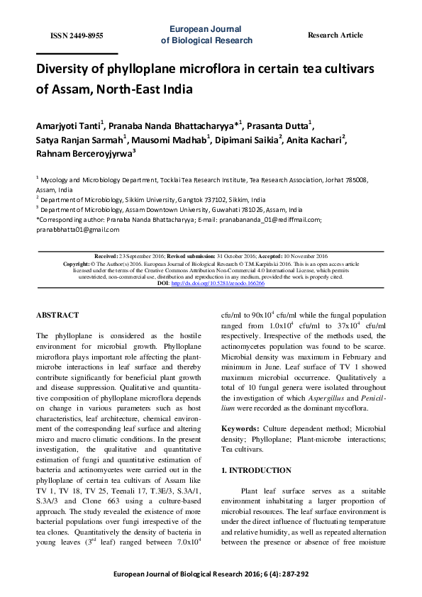 (PDF) Diversity Of Phylloplane Microflora In Certain Tea Cultivars Of ...