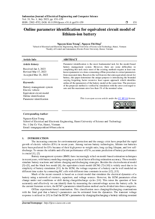 Pdf Online Parameter Identification For Equivalent Circuit Model Of Lithium Ion Battery