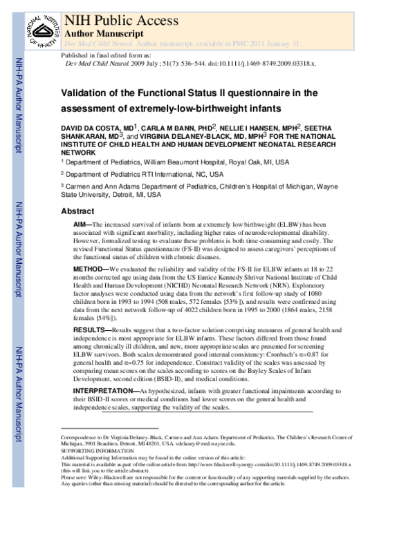 (PDF) Validation of the Functional Status II questionnaire in the assessment of extremely-low ...