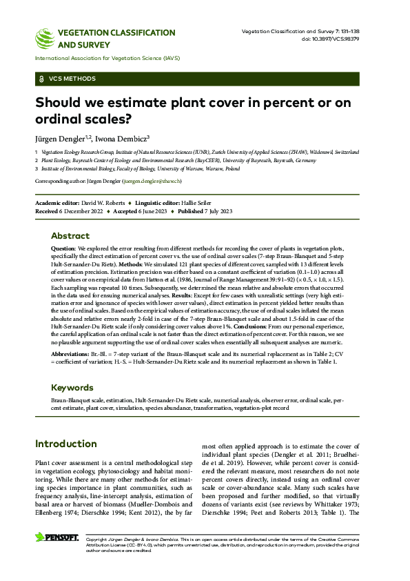 (PDF) Should we estimate plant cover in percent or on ordinal scales?
