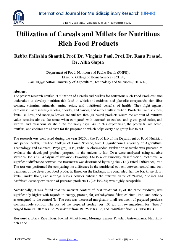 (PDF) Utilization of Cereals and Millets for Nutritious Rich Food Products
