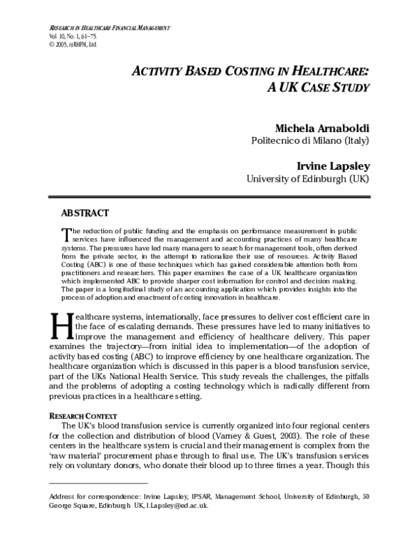(PDF) Activity Based Costing in Healthcare: A UK Case Study