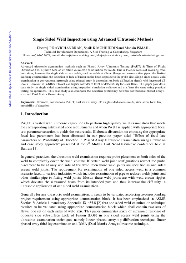 (PDF) Single Sided Weld Inspection using Advanced Ultrasonic Methods