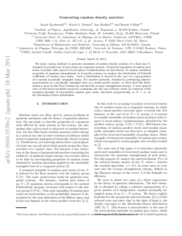 (PDF) Generating random density matrices | Karol Życzkowski - Academia.edu