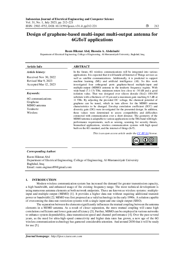 Pdf Design Of Graphene Based Multi Input Multi Output Antenna For 6giot Applications 5879