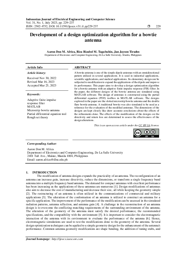 Pdf Development Of A Design Optimization Algorithm For A Bowtie Antenna