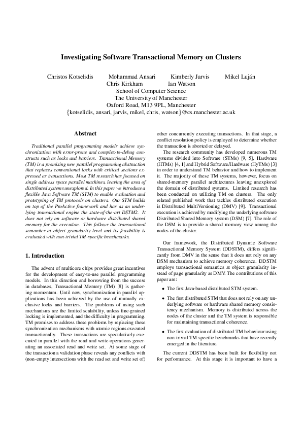 (PDF) Investigating software Transactional Memory on clusters | Ian Watson - Academia.edu