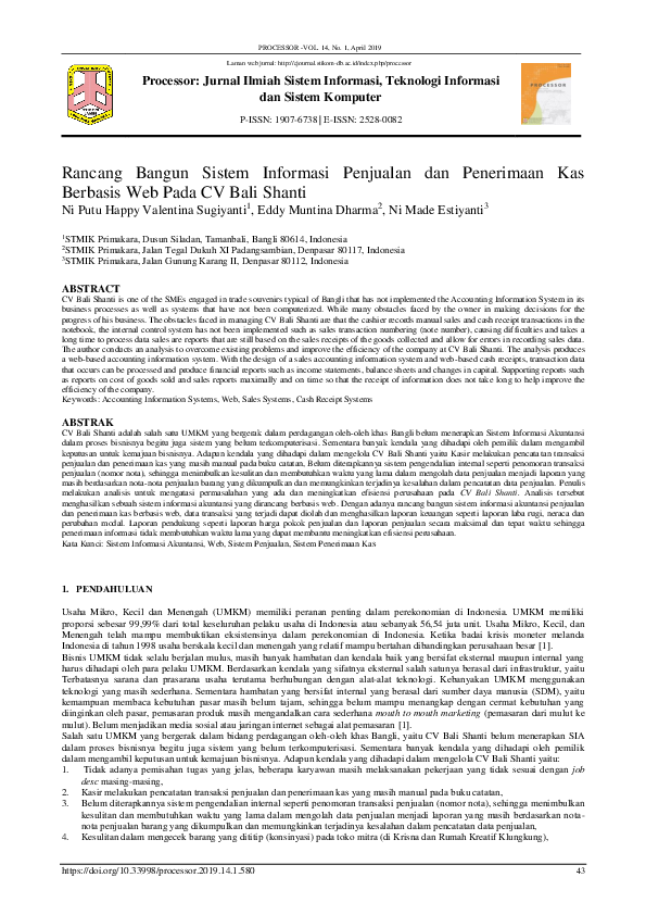 (PDF) Rancang Bangun Sistem Informasi Penjualan Dan Penerimaan Kas Berbasis Web Pada CV Bali Shanti