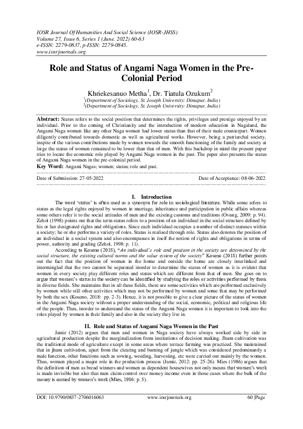 (PDF) Role and Status of Angami Naga Women in the Pre-Colonial Period