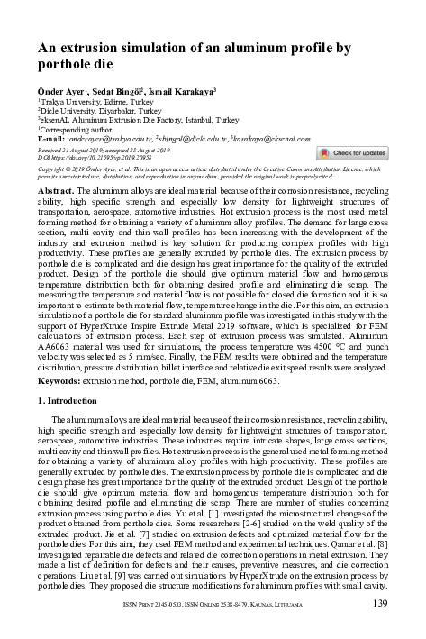 (PDF) An extrusion simulation of an aluminum profile by porthole die