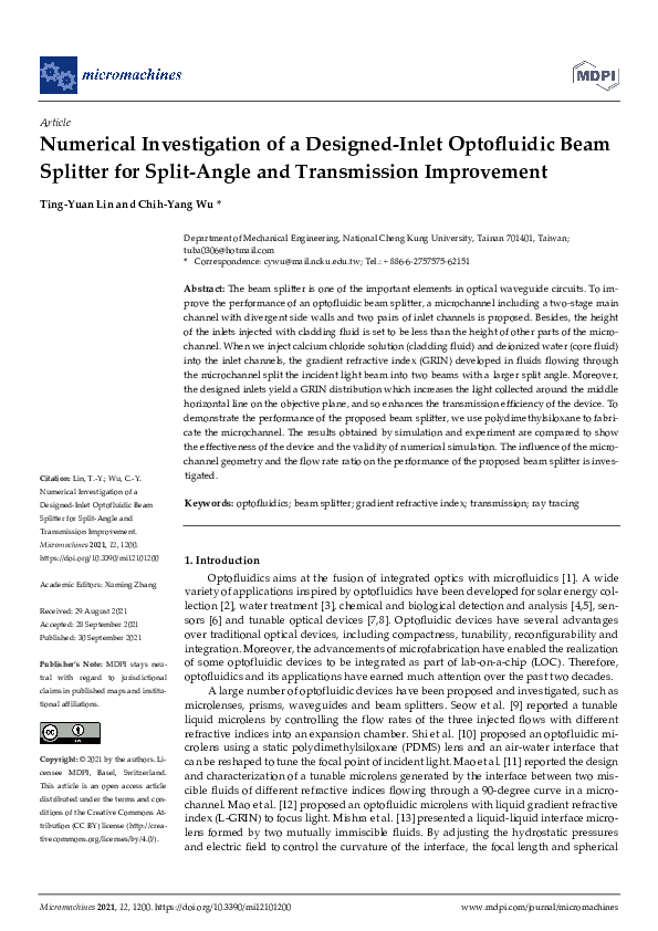 (PDF) Numerical Investigation of a Designed-Inlet Optofluidic Beam Splitter for Split-Angle and ...