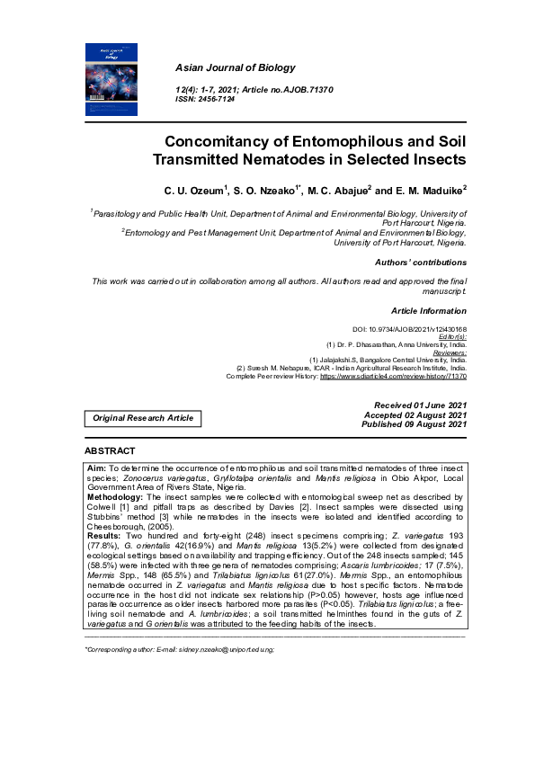 (PDF) Entomophilous and Soil Nematodes in Insects of Rivers State