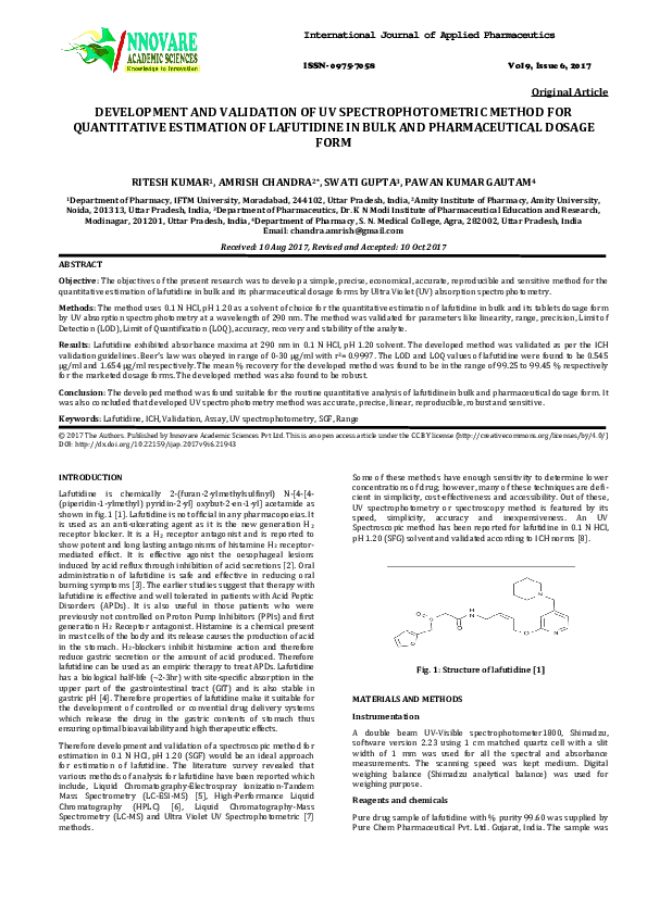 (PDF) DEVELOPMENT AND VALIDATION OF UV SPECTROPHOTOMETRIC METHOD FOR ... (PDF) DEVELOPMENT AND VALIDATION OF UV SPECTROPHOTOMETRIC METHOD FOR ...