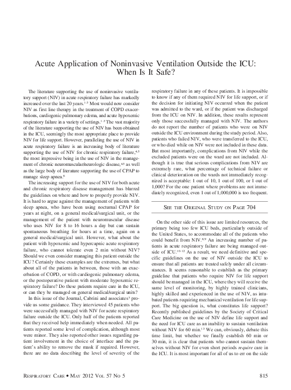 (PDF) Acute Application of Noninvasive Ventilation Outside the ICU ...