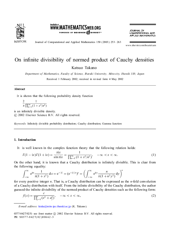 (PDF) On infinite divisibility of normed product of Cauchy densities