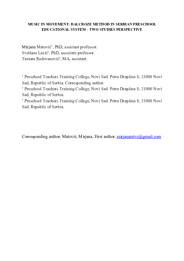 (DOC) MUSIC IN MOVEMENT: DALCROZE METHOD IN SERBIAN PRESCHOOL ...