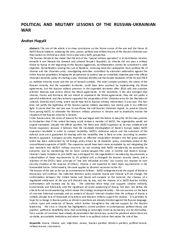(DOC) POLITICAL AND MILITARY LESSONS OF THE RUSSIAN-UKRAINIAN WAR