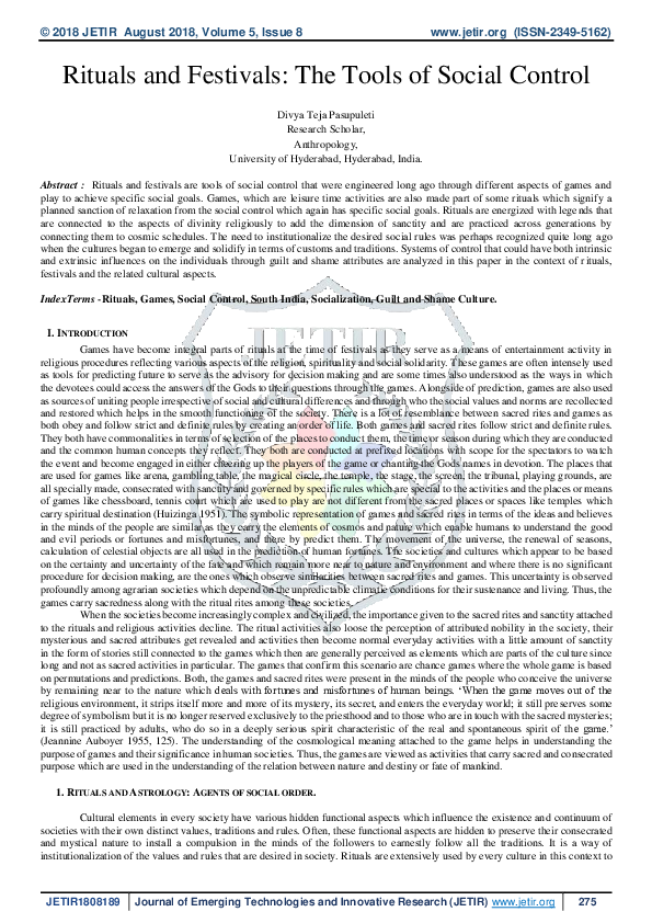 (PDF) Rituals and Festivals: The Tools of Social Control