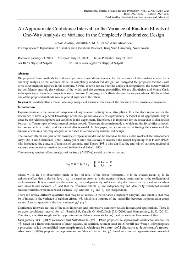 (PDF) An Approximate Confidence Interval for the Variance of Random Effects of One-Way Analysis ...
