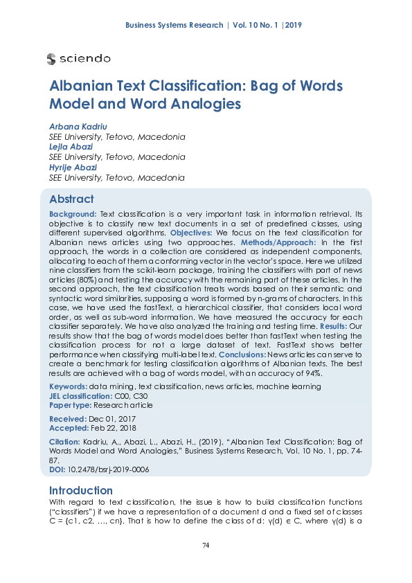 (PDF) Albanian Text Classification: Bag of Words Model and Word ...